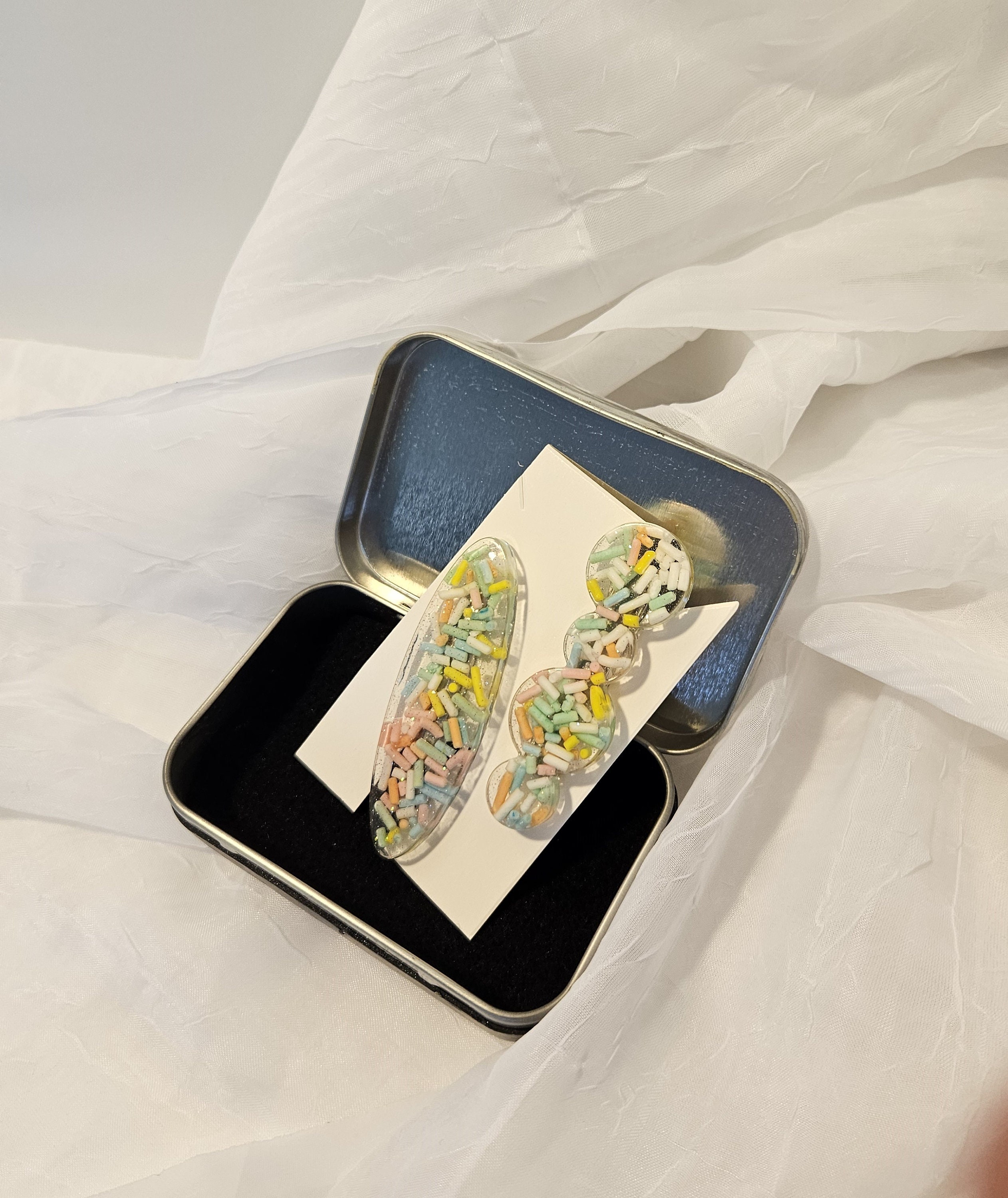 Two Candy Barrettes Inside a Hinged Tin Covered in Polymer Clay and ...