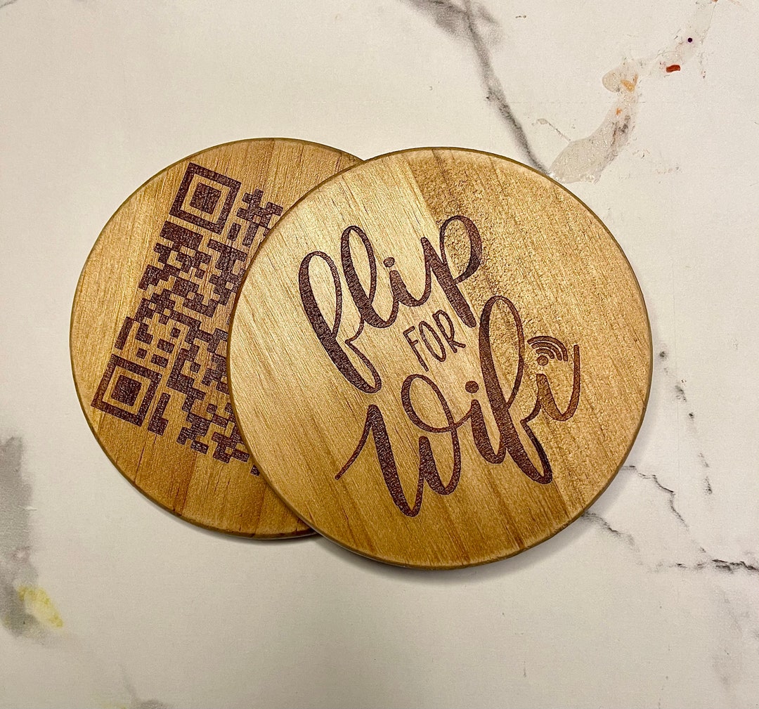 Set of 2 - Sanded/modern Wifi Connect Wooden Coasters | Wi-fi QR Code Connect | Multiple Designs ...