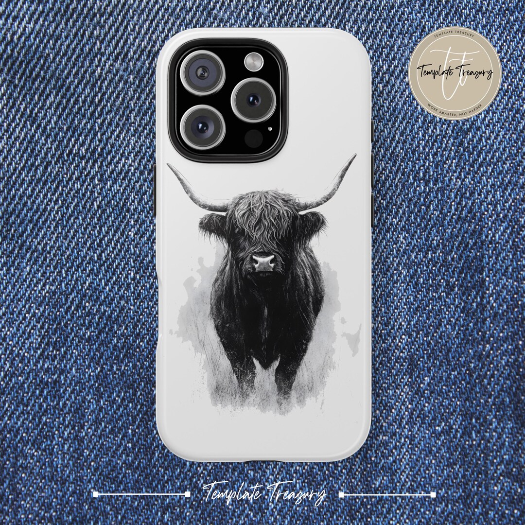 Vintage Highland Cow Phone Case: Black and White Charcoal Design, Fits ...