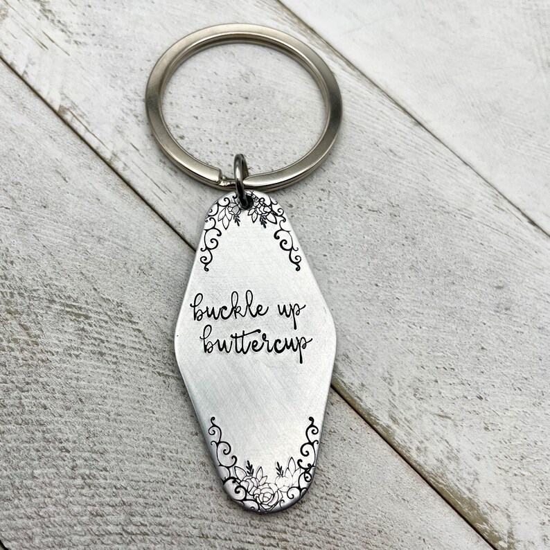 Buckle up Buttercup Keychain: Hand Stamped Hotel Fob - Etsy