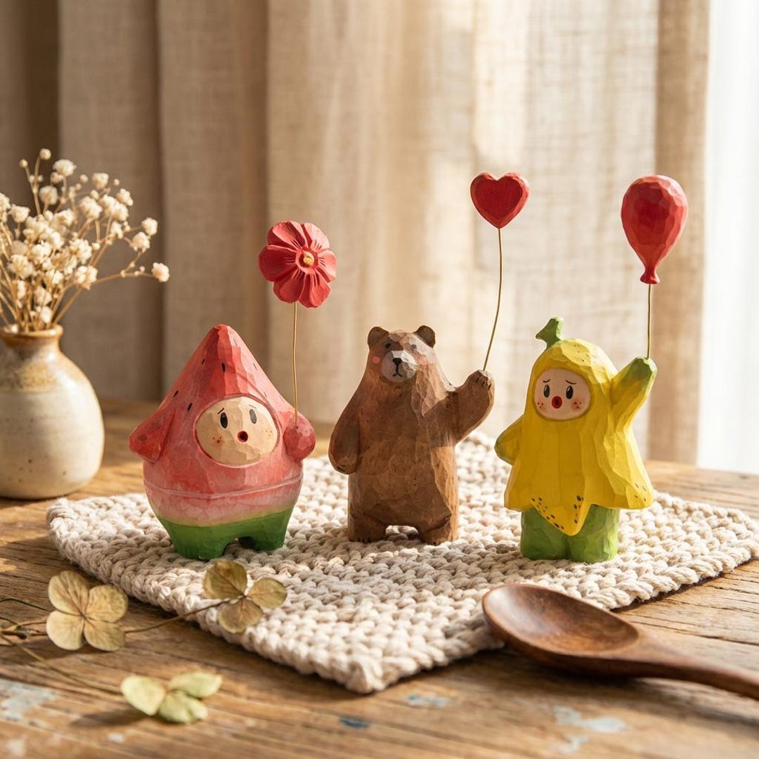 Artisan Hand Carved Wood Figurines Set, Mother’s Day Gift, Kids Bedroom ...