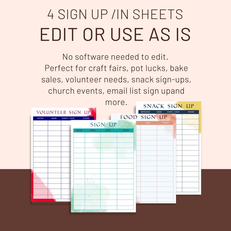 Sign up Sheet Template, Sign in Sheet, Signup Instant Download, Email ...