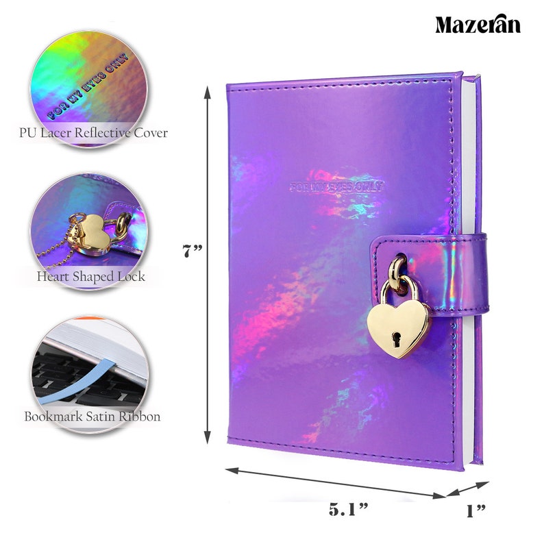 Heart Shaped Lock Journal, Rainbow Laser PU Hard Cover Notebook Travel ...