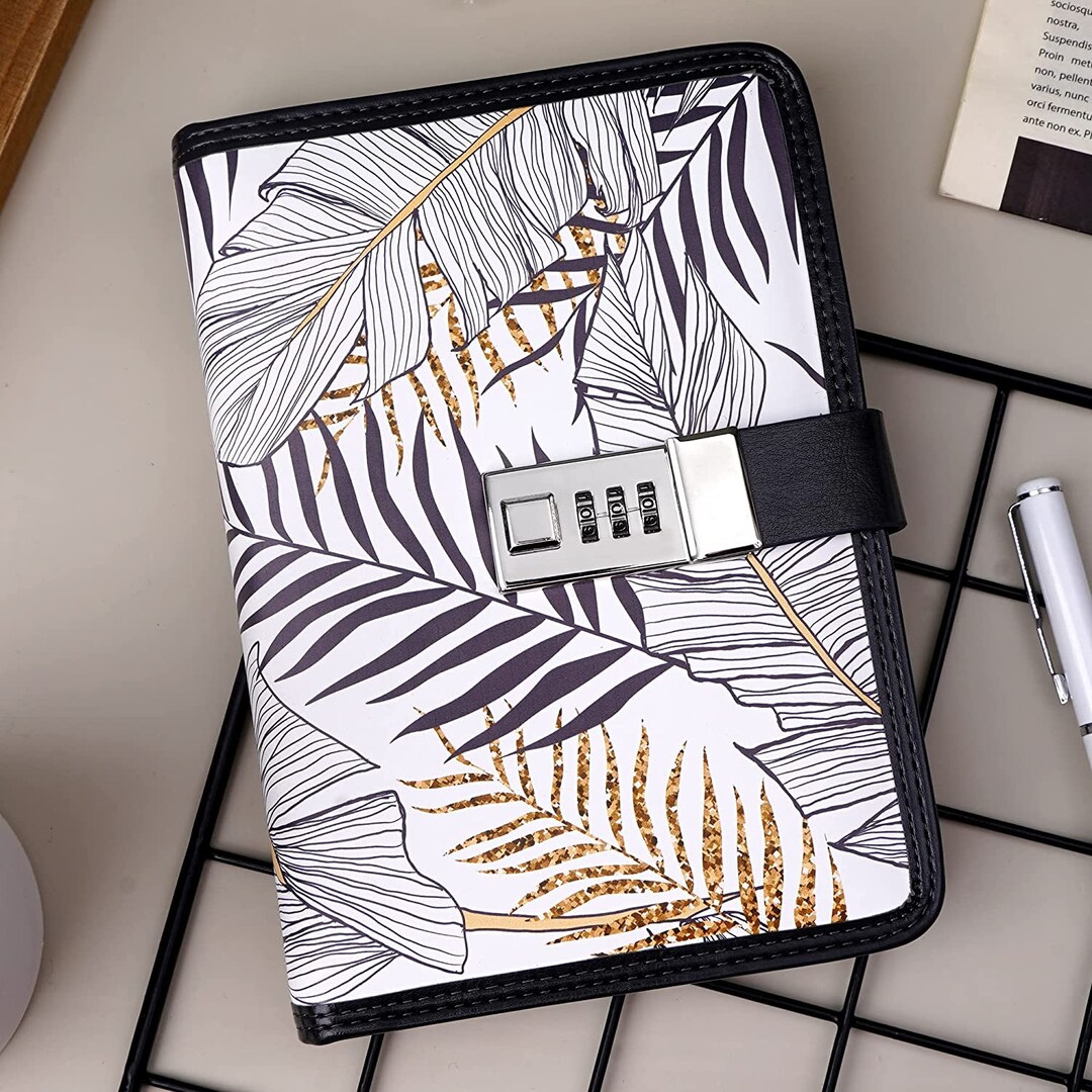 Journal With Lock Hardcover Printed Leaves Waterproof Leather Cover ...