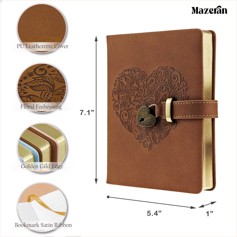 Mazeran Lock Journal, Heart Shaped Locking Leather Floral Embossing ...