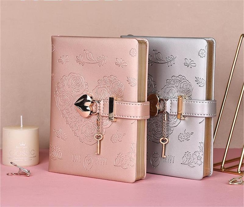 Heart Lock Journal Notebook With Key, Flower PU Leather Diary, B6 ...