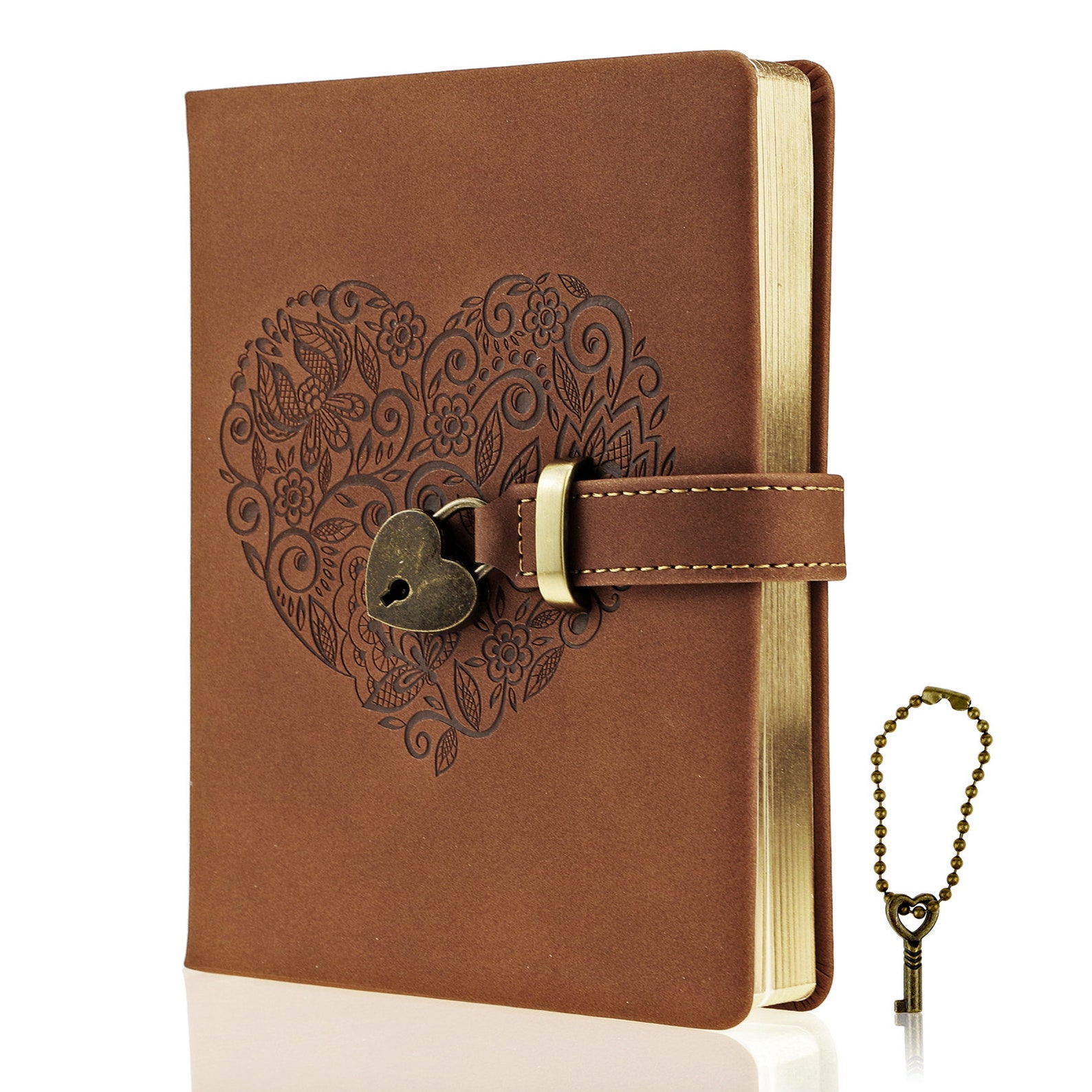 Mazeran Lock Journal, Heart Shaped Locking Leather Floral Embossing ...