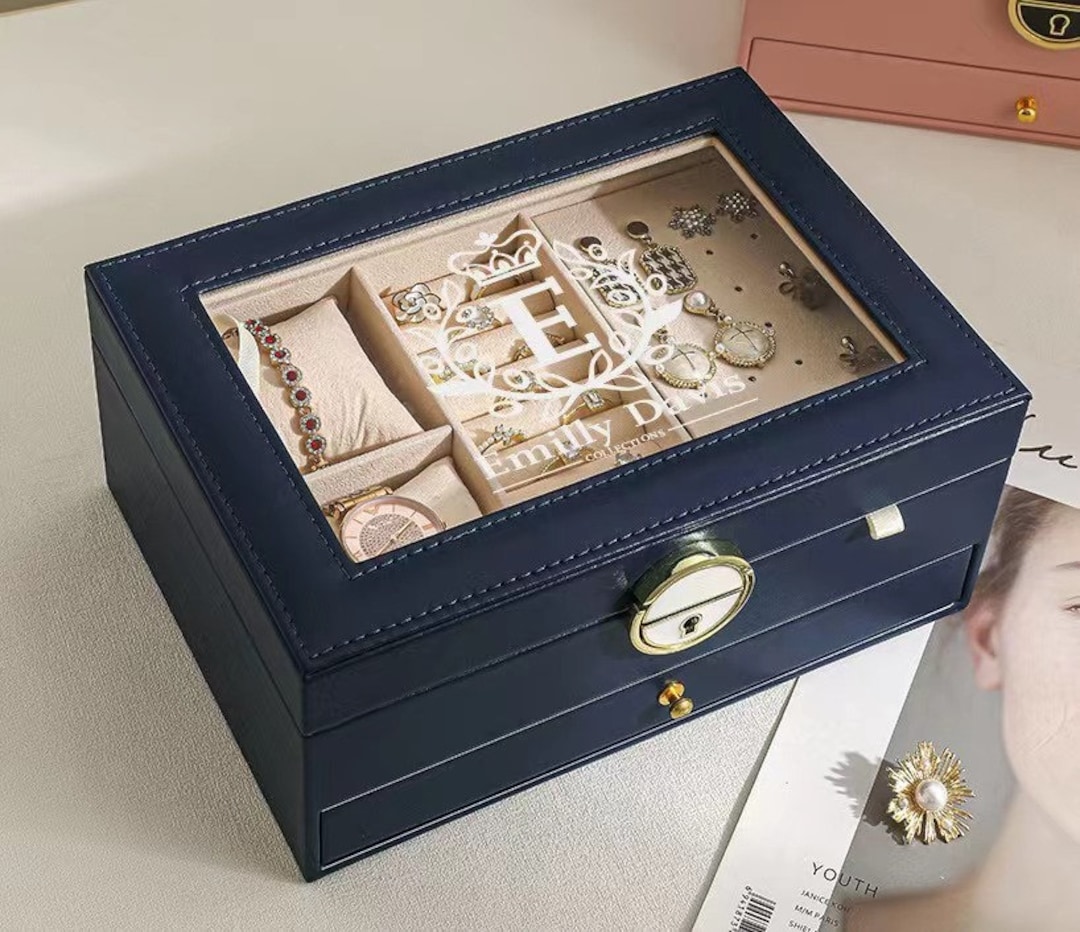 Personalized Name Jewelry Organizer Box With Glass Lid, 2-layer Large ...