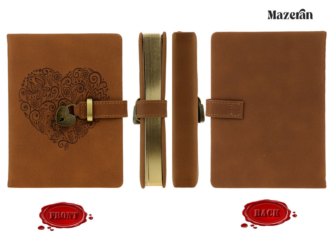 Mazeran Lock Journal, Heart Shaped Locking Leather Floral Embossing ...
