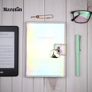 Heart Shaped Lock Journal, Rainbow Laser PU Hard Cover Notebook Travel ...