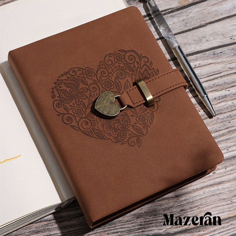 Mazeran Lock Journal, Heart Shaped Locking Leather Floral Embossing ...