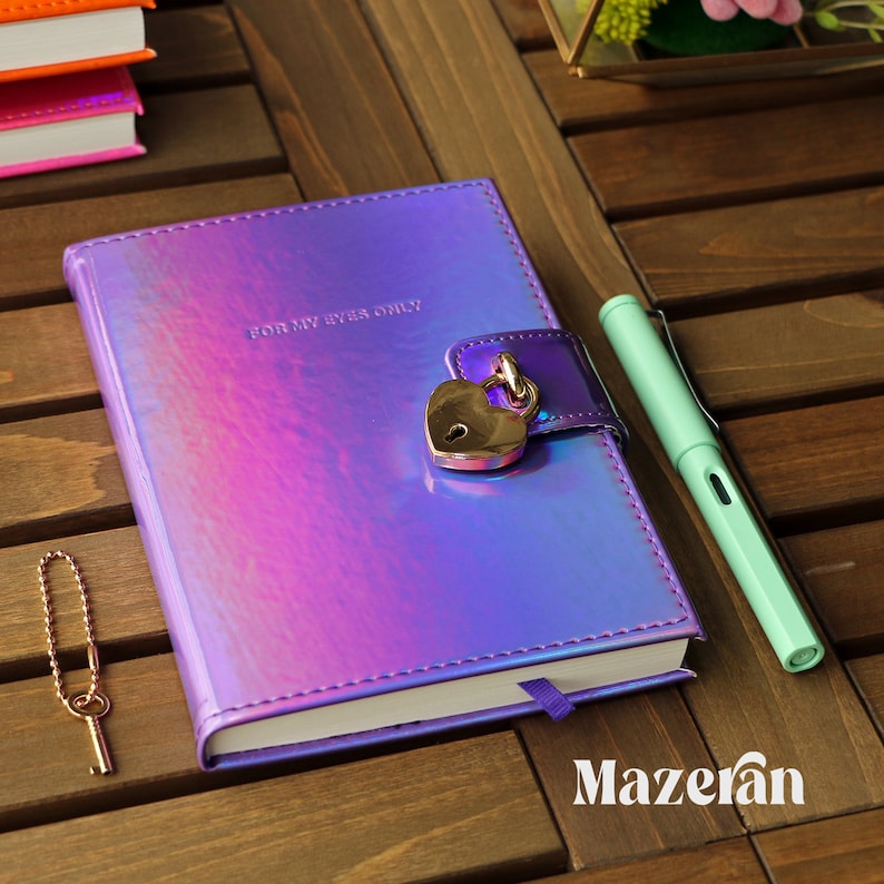 Heart Shaped Lock Journal, Rainbow Laser PU Hard Cover Notebook Travel ...