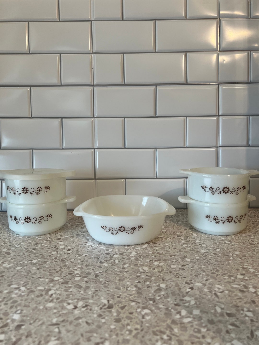 RARE Vintage Dynaware Pyr-o-rey Milkglass With Brown Daisy, Set of 5 - Etsy
