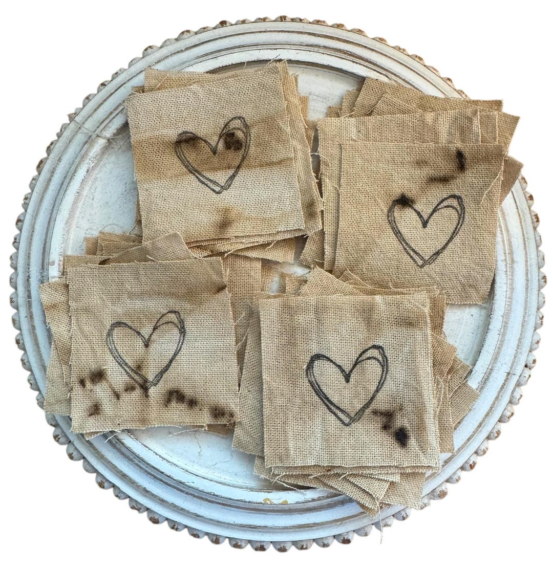 Ink Stamped Heart Fabric Squares Hand Torn Tags Frayed Edges Grungy ...