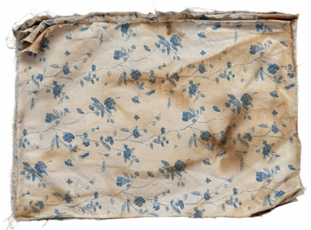 Vintage Fabric Pieces Coffee Stained Blue Flowers Fabric Grungy Scraps ...