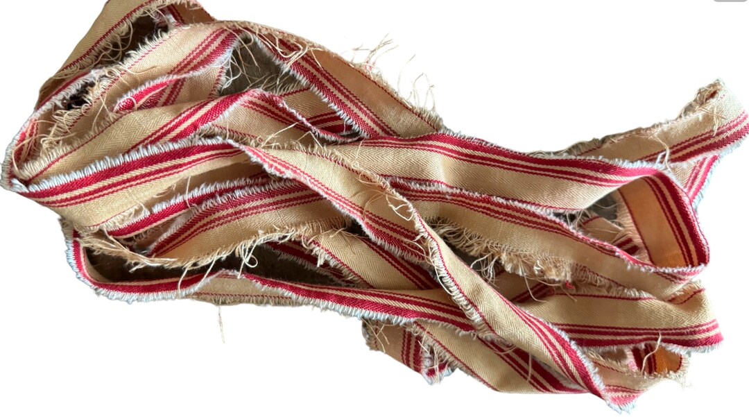 Striped Woven Ribbon Over 3 Yards Hand Torn Coffee Stained Red and ...