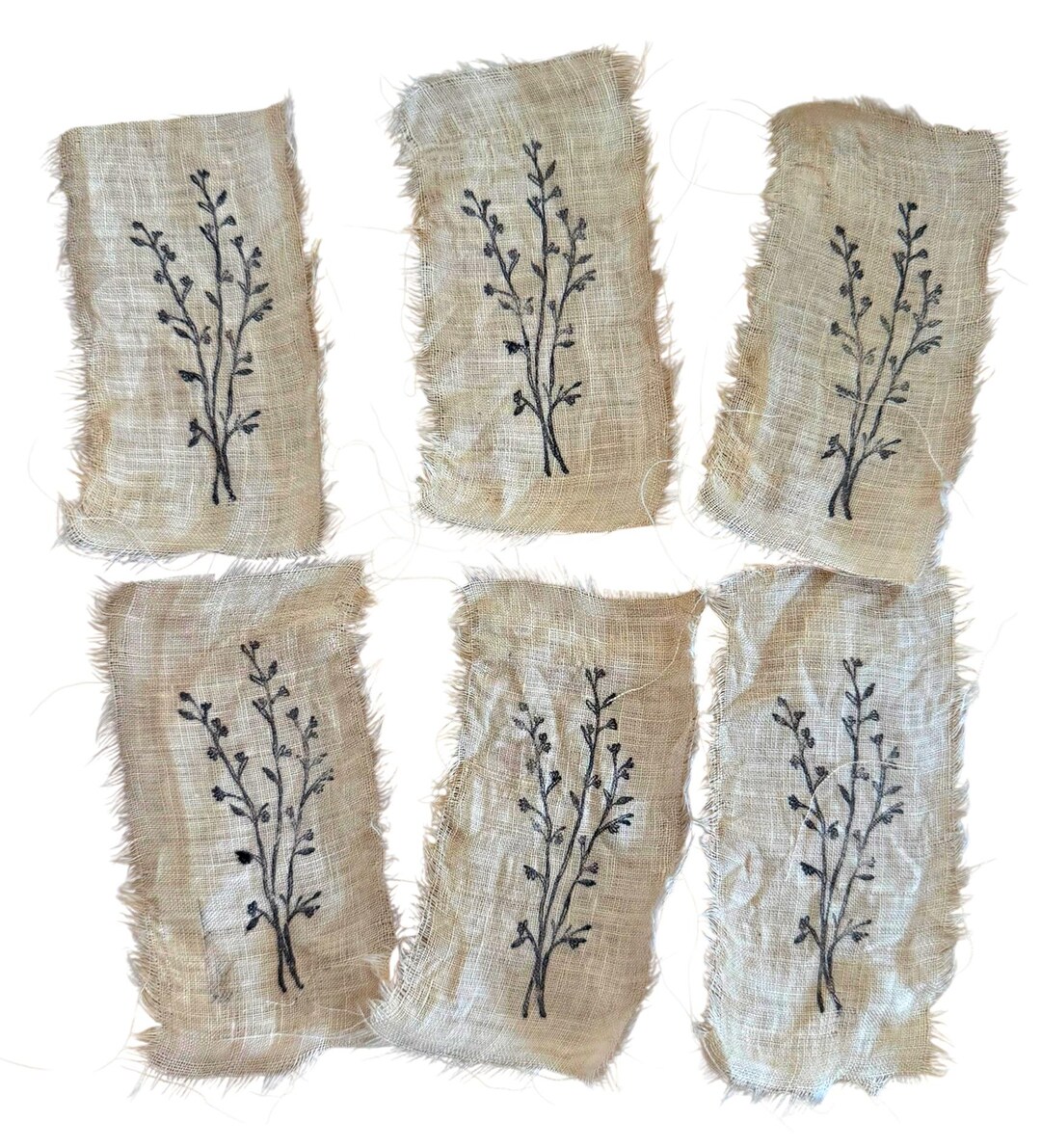 Hand Stamped Rustic Linen Flowers Hand Torn Gauze Tags Frayed Edges ...