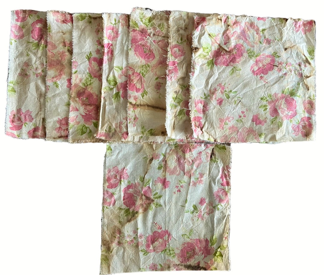 Vintage Fabric Pieces Coffee Stained Rose Fabric Grungy Scraps Junk ...