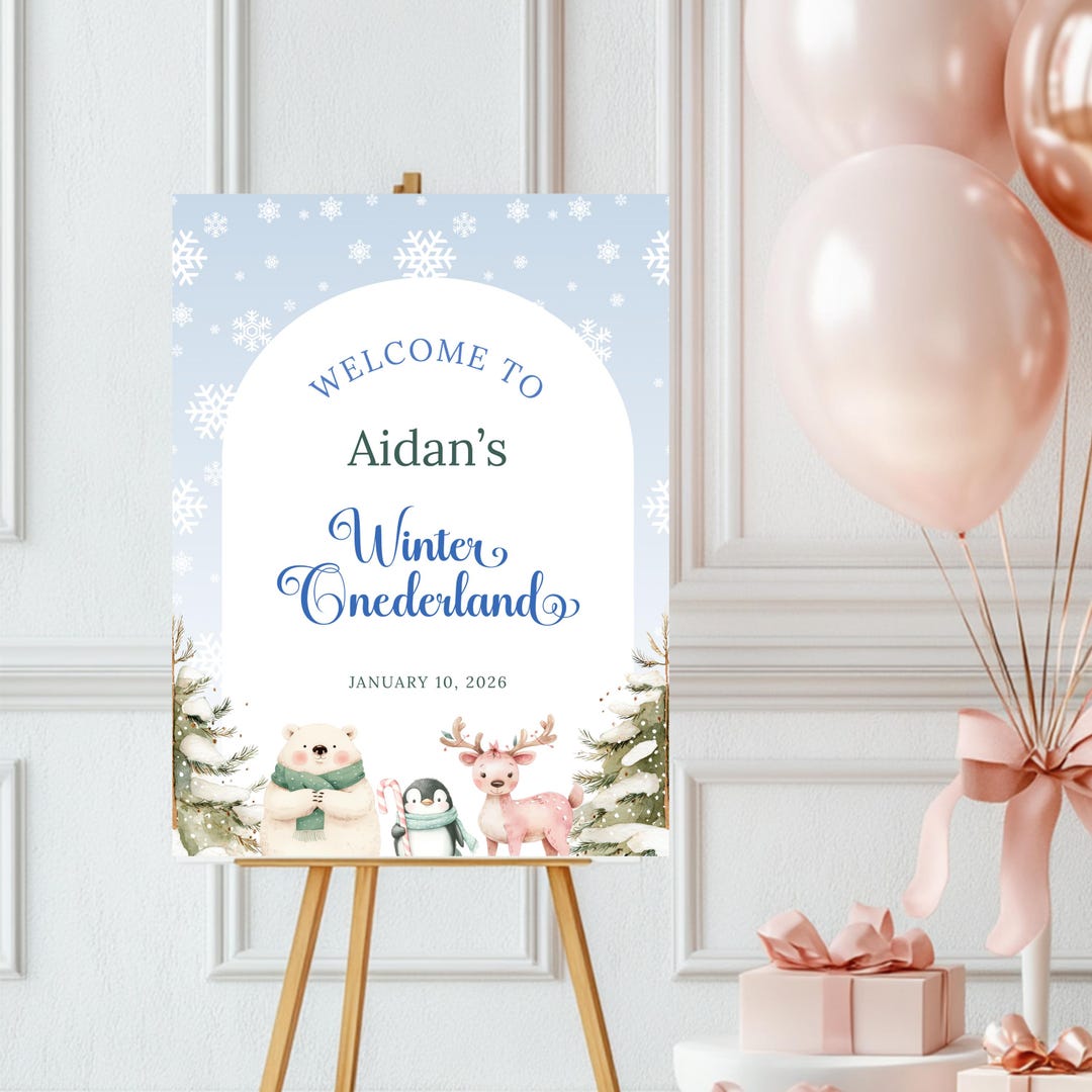Editable Winter Onederland Welcome Sign, Neutral First Birthday Blue ...