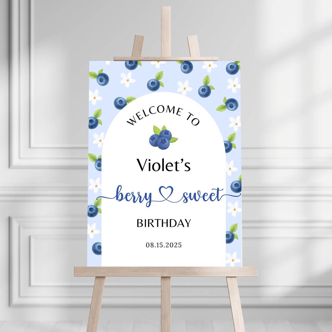 Editable Berry Sweet Birthday Welcome Sign, Blueberry Birthday Poster ...