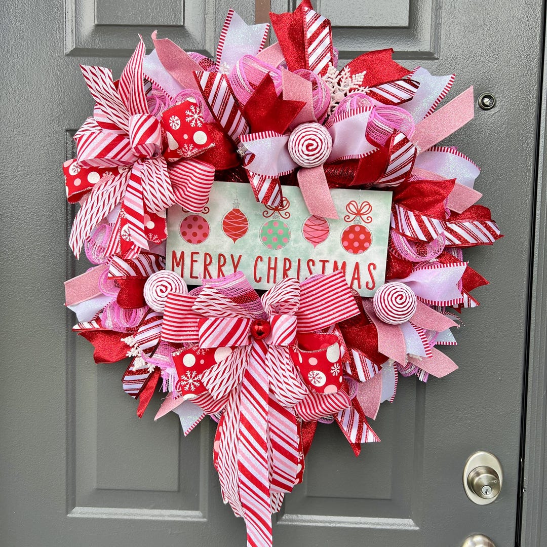 Pink and Red Christmas Wreath for Front Door Wreath, Candy Cane ...