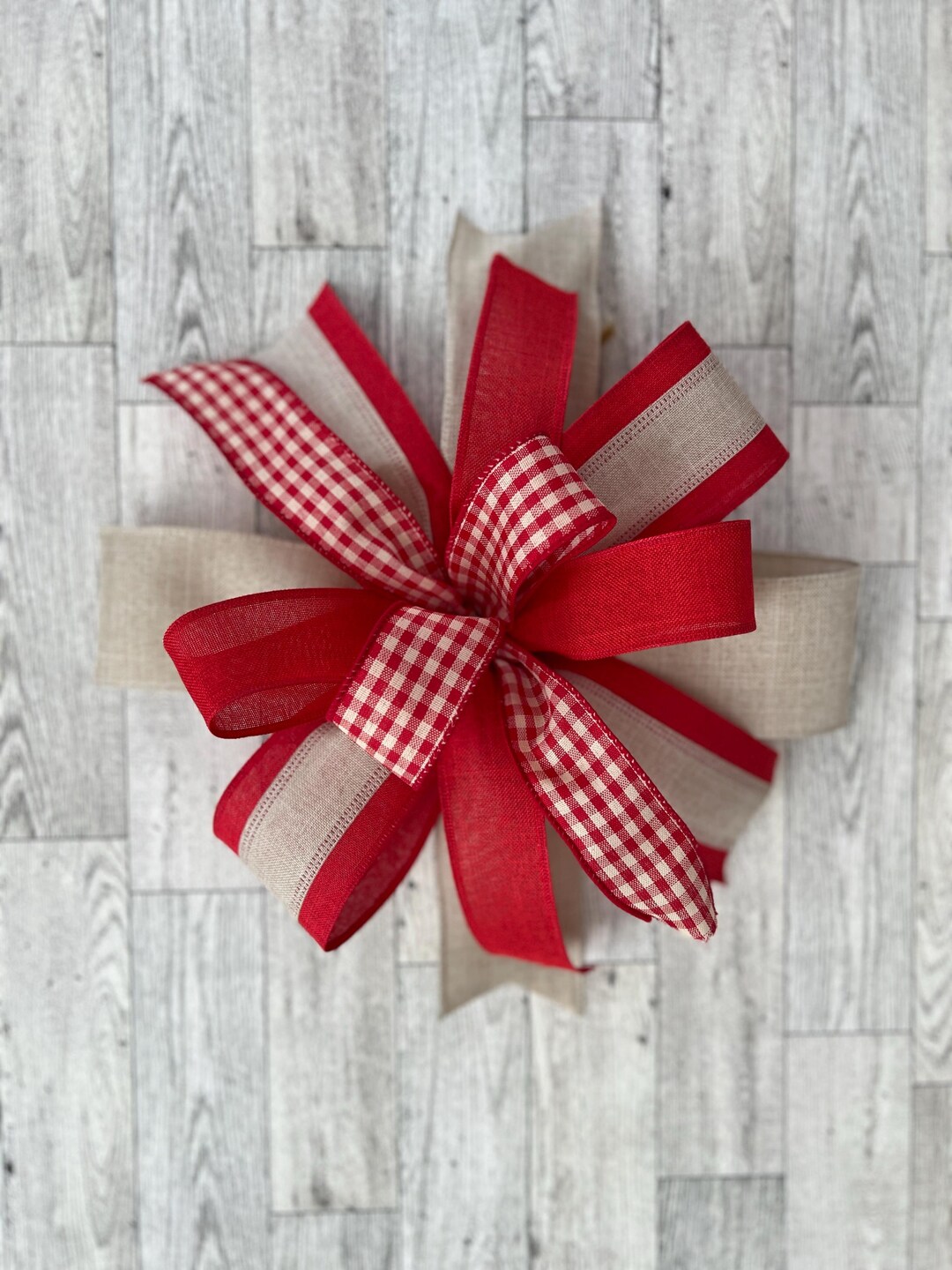 Red and Beige Farmhouse Bow, Rustic Decor, Everyday Bow, Wreath Bow ...