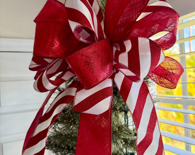 Red and White Candy Cane Tree Topper Bow With Tails, Traditional Tree ...