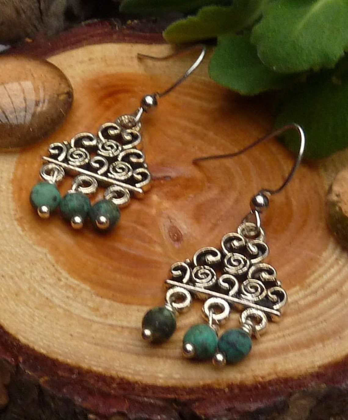 African Turquoise and Pewter Chandelier Earrings Genuine Gemstone ...