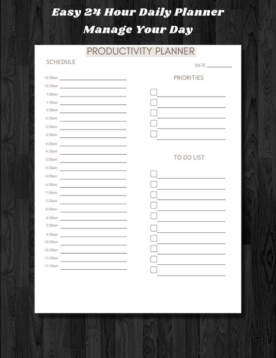 24 Hour Printable Daily Planner Template | Etsy