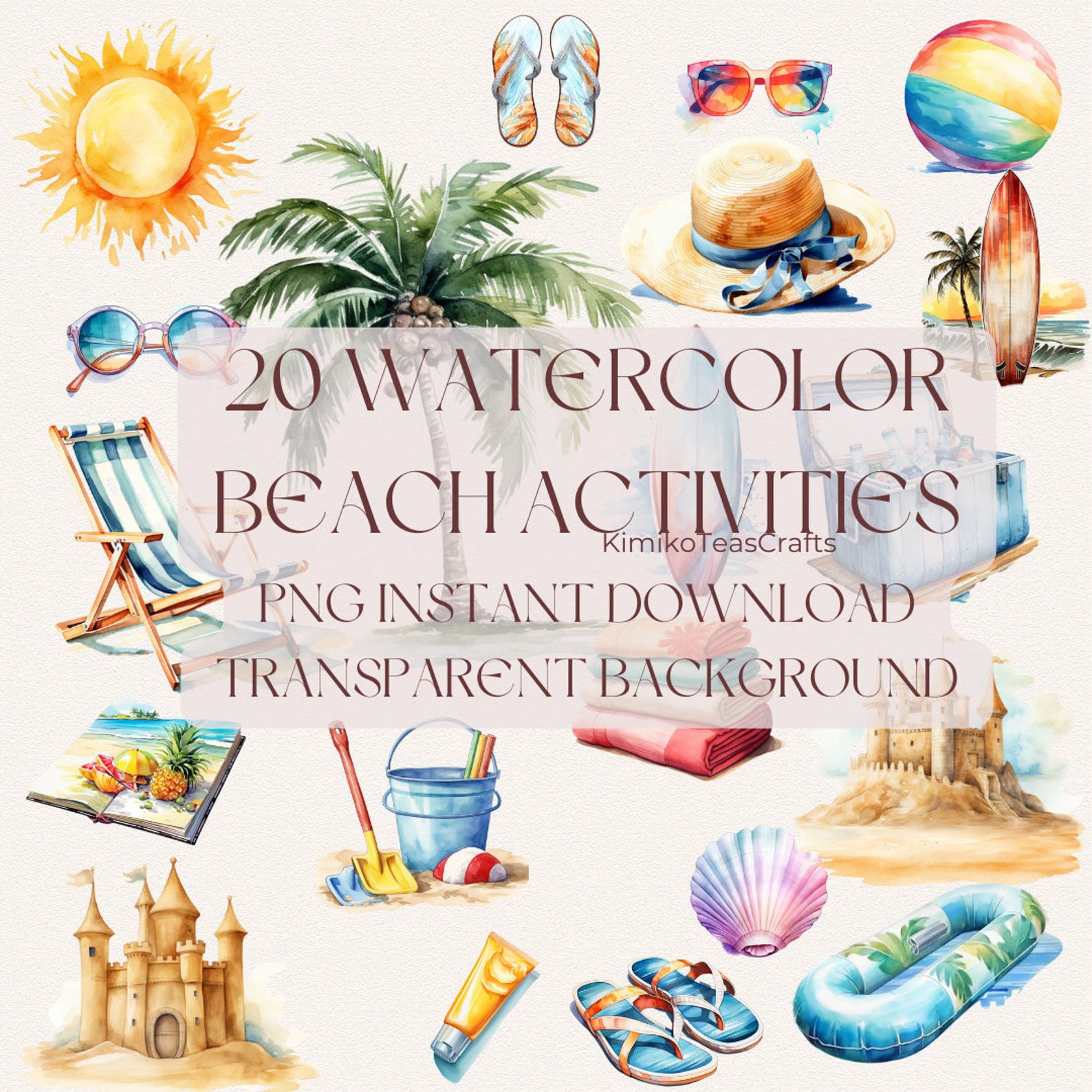 Watercolor Beach Clipart PNG Clip Art Instant Download Commercial Use ...