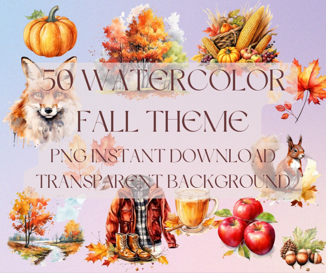 50 Watercolor Fall PNG Digital Download Autumn Clipart Commercial Use ...