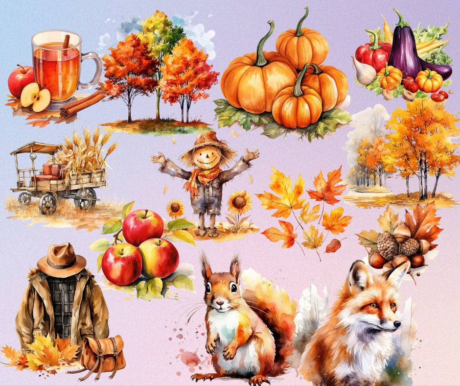 50 Watercolor Fall PNG Digital Download Autumn Clipart Commercial Use ...