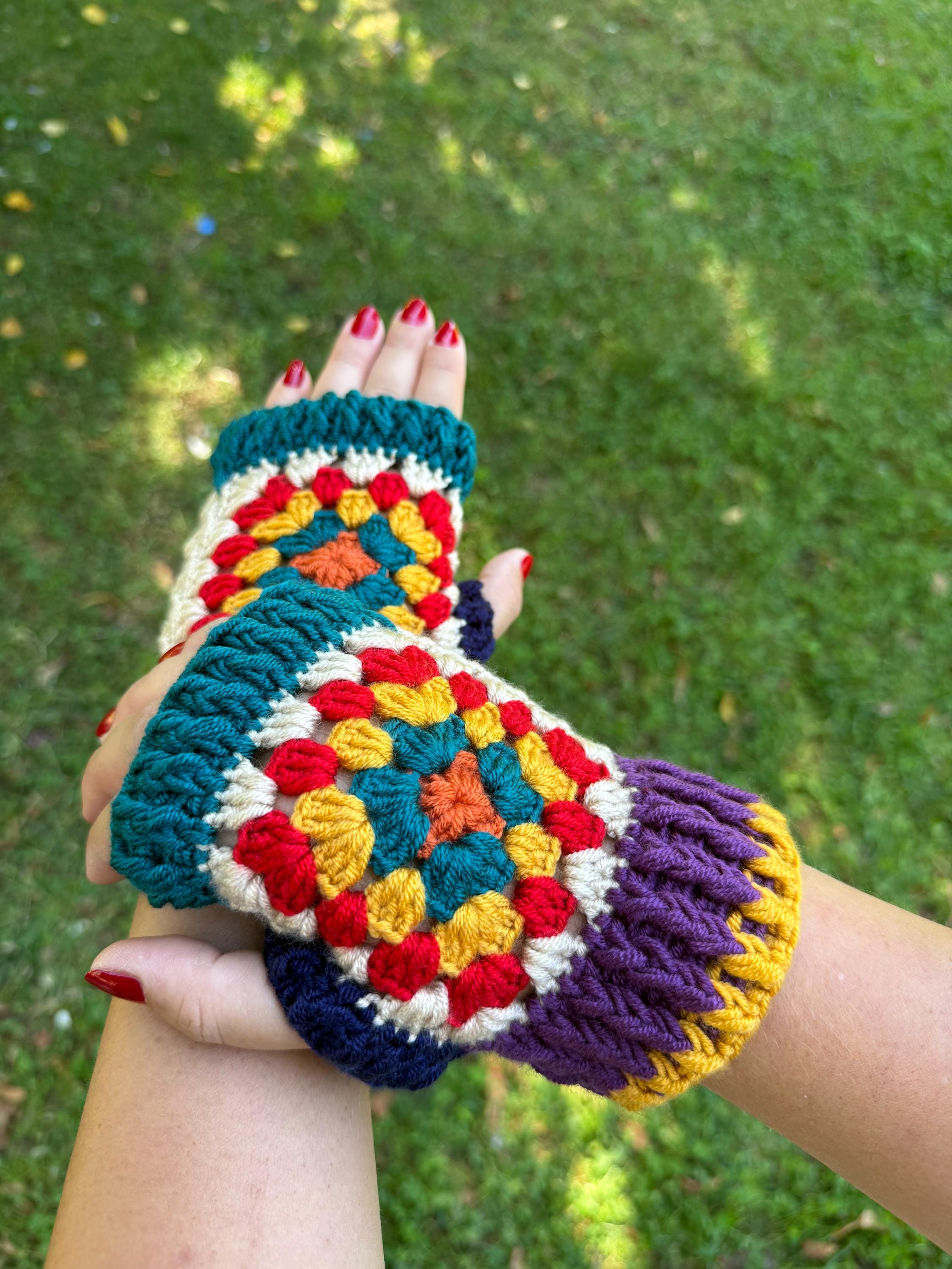 Crochet Fingerless Granny Square Gloves, Handmade Mitten, Unisex Hand ...