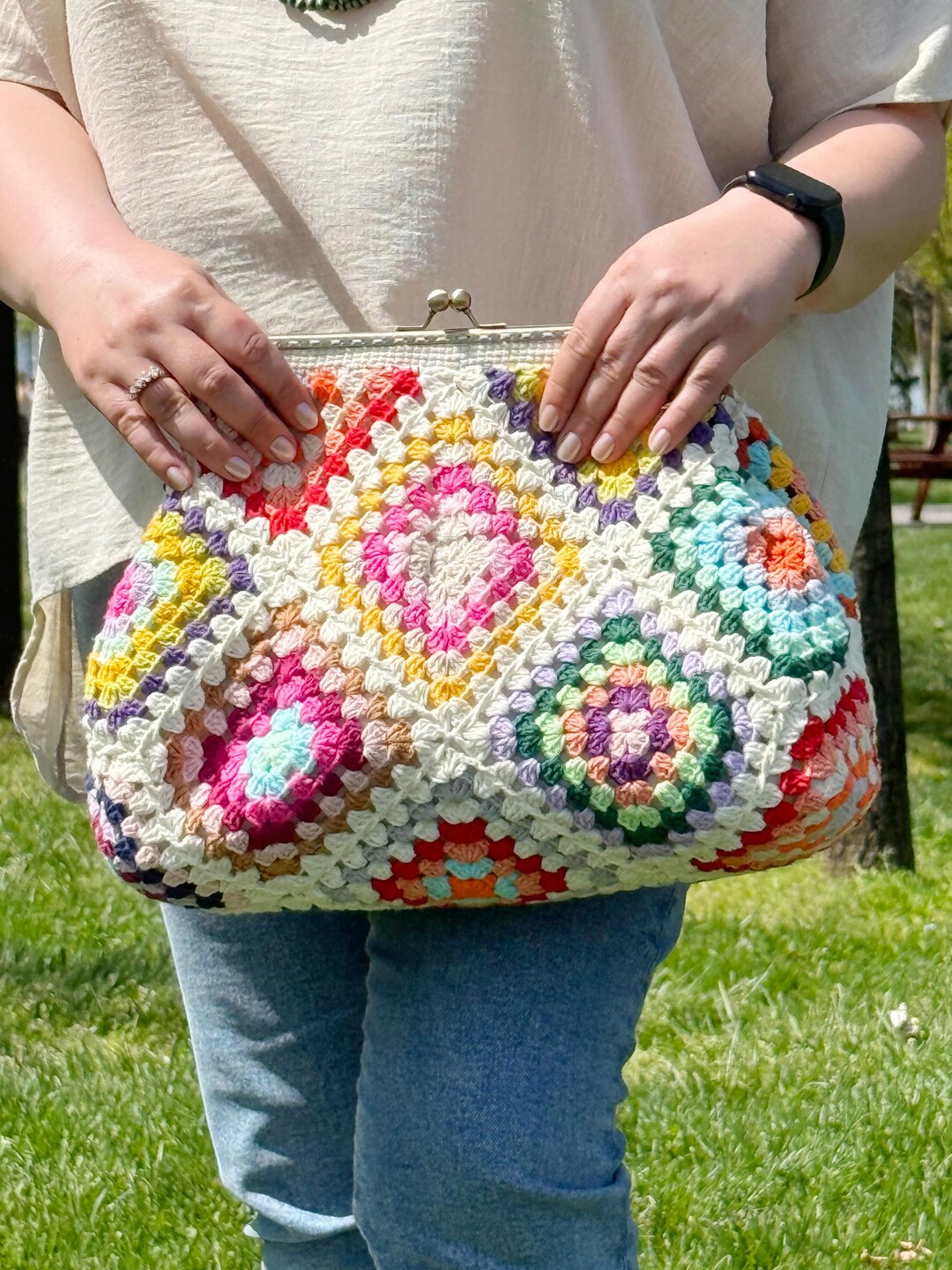 Granny Bag Crochet Purse Boho Tote Retro Style Colorful Handbag ...