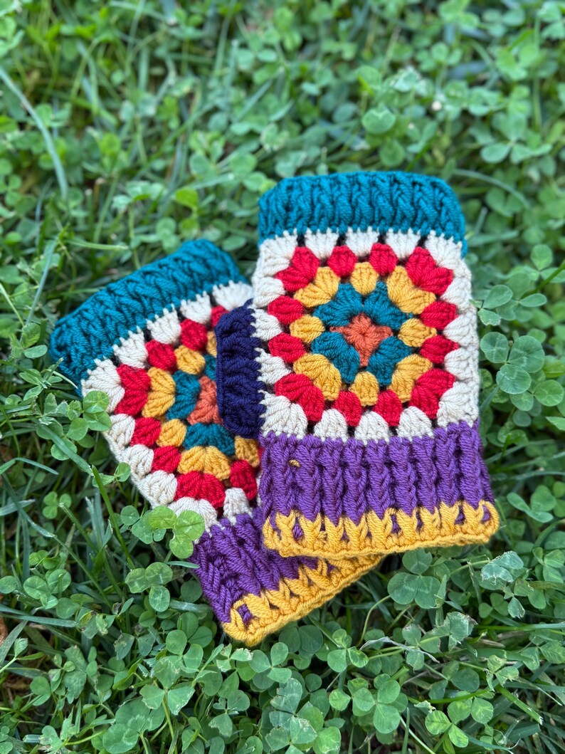Crochet Fingerless Granny Square Gloves, Handmade Mitten, Unisex Hand ...