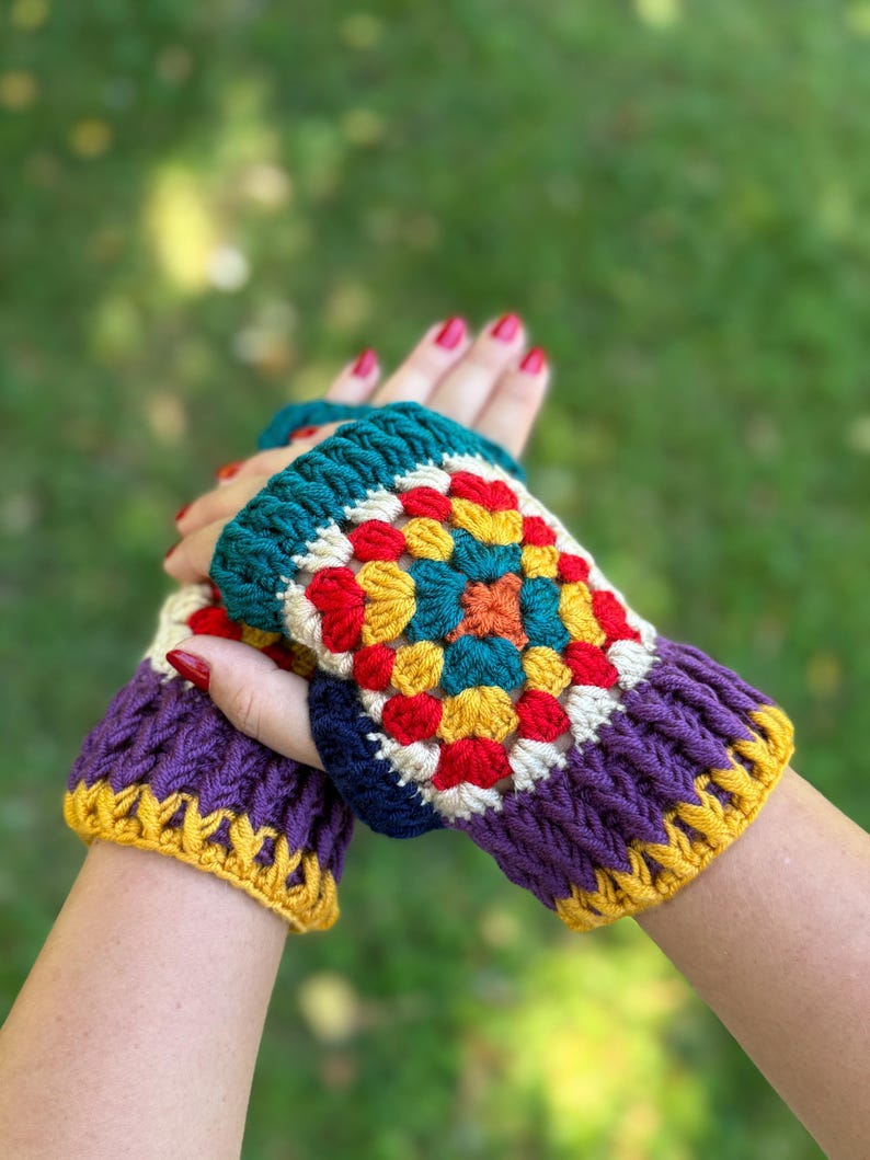 Crochet Fingerless Granny Square Gloves, Handmade Mitten, Unisex Hand ...