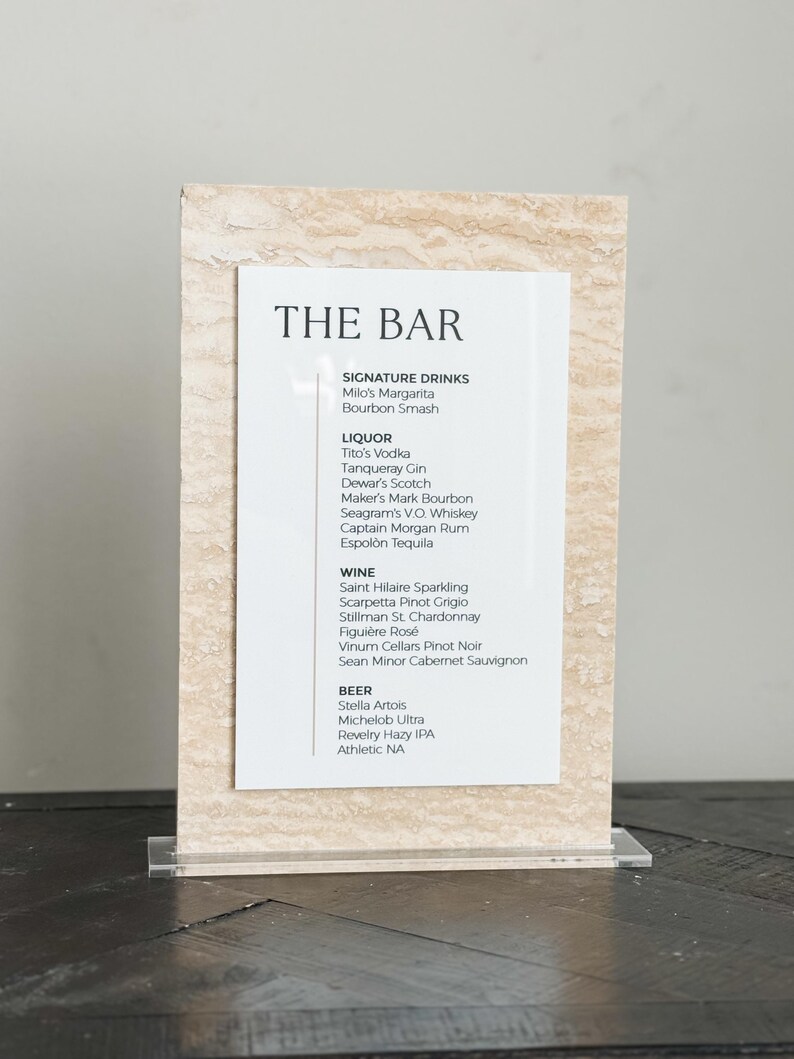 Travertine Stone Bar Menu Sign 8x12 | Wedding Bar Sign | Luxury Stone ...