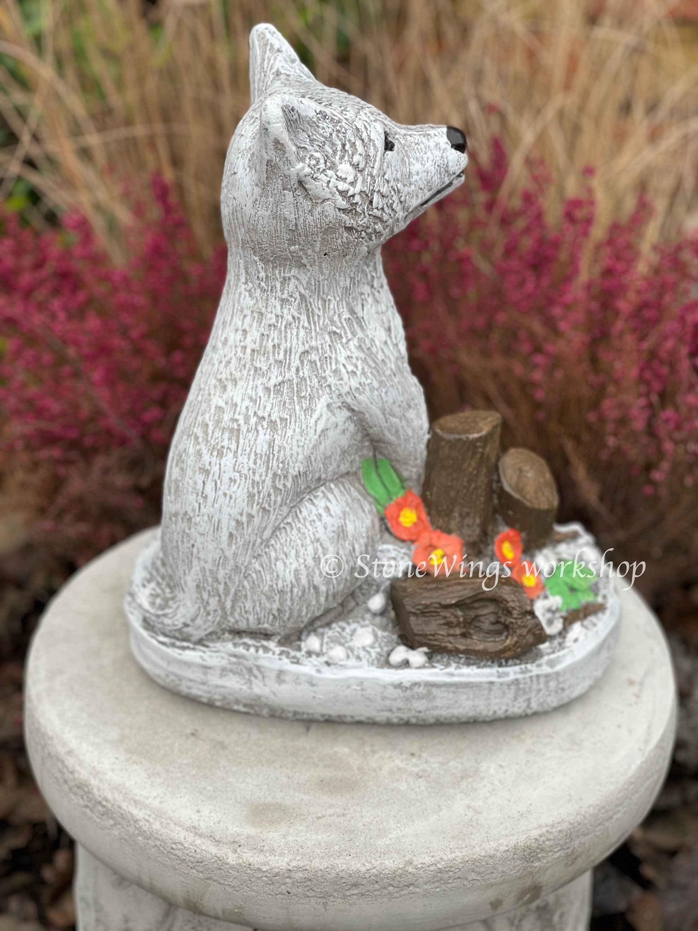 Sitting fox figurine Concrete fox sculpture Fairy garden fox Small ...