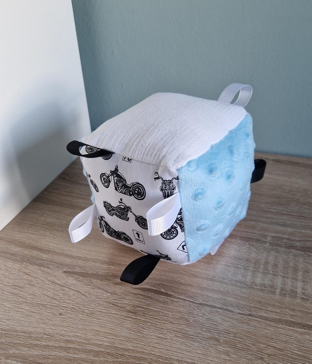 Motorbike Monochrome Baby Sensory Rattle Cube. Black and White Biker ...