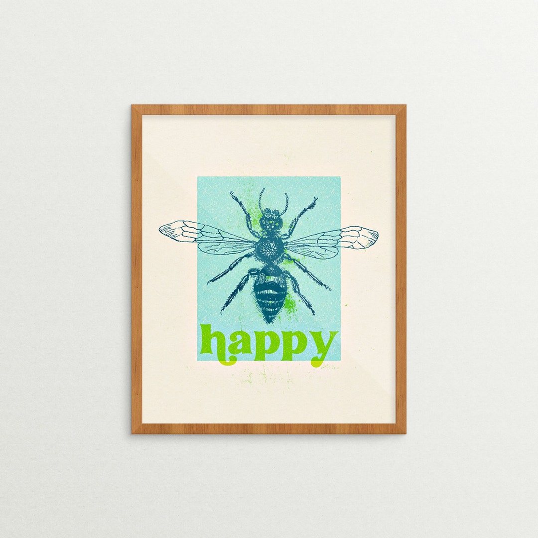 Bee Happy (blue/green) | Print (bee Print, Bee Art, Bee Gift, Insect ...