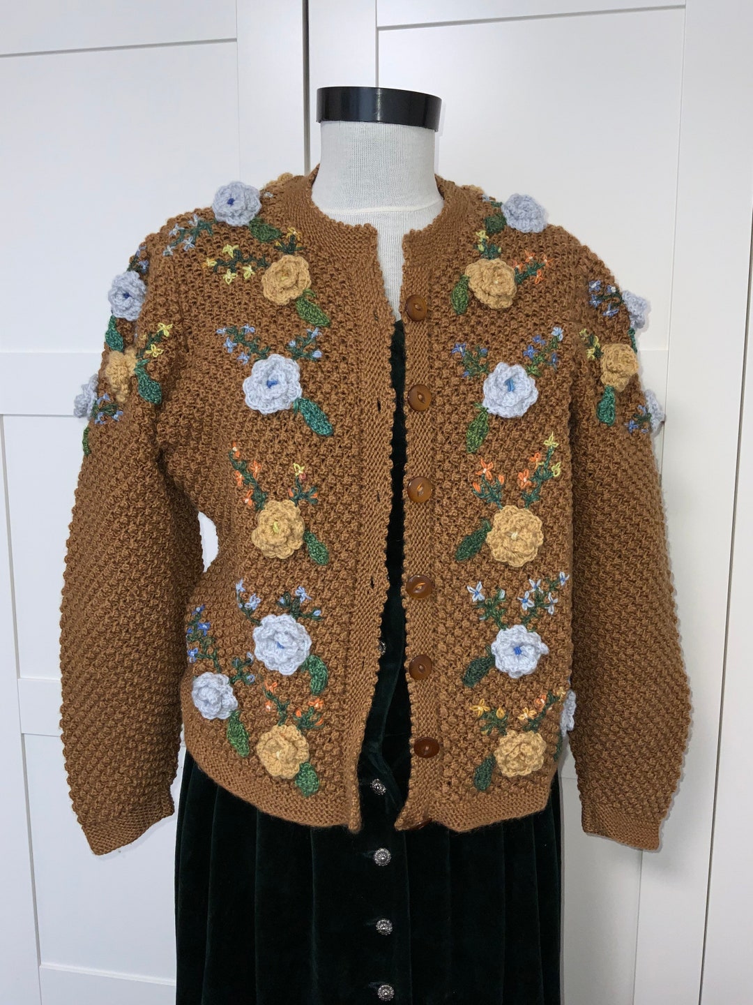 Popcorn Austrian Cardigan Wool Embroidered Knitted Folk Jacket Austria ...