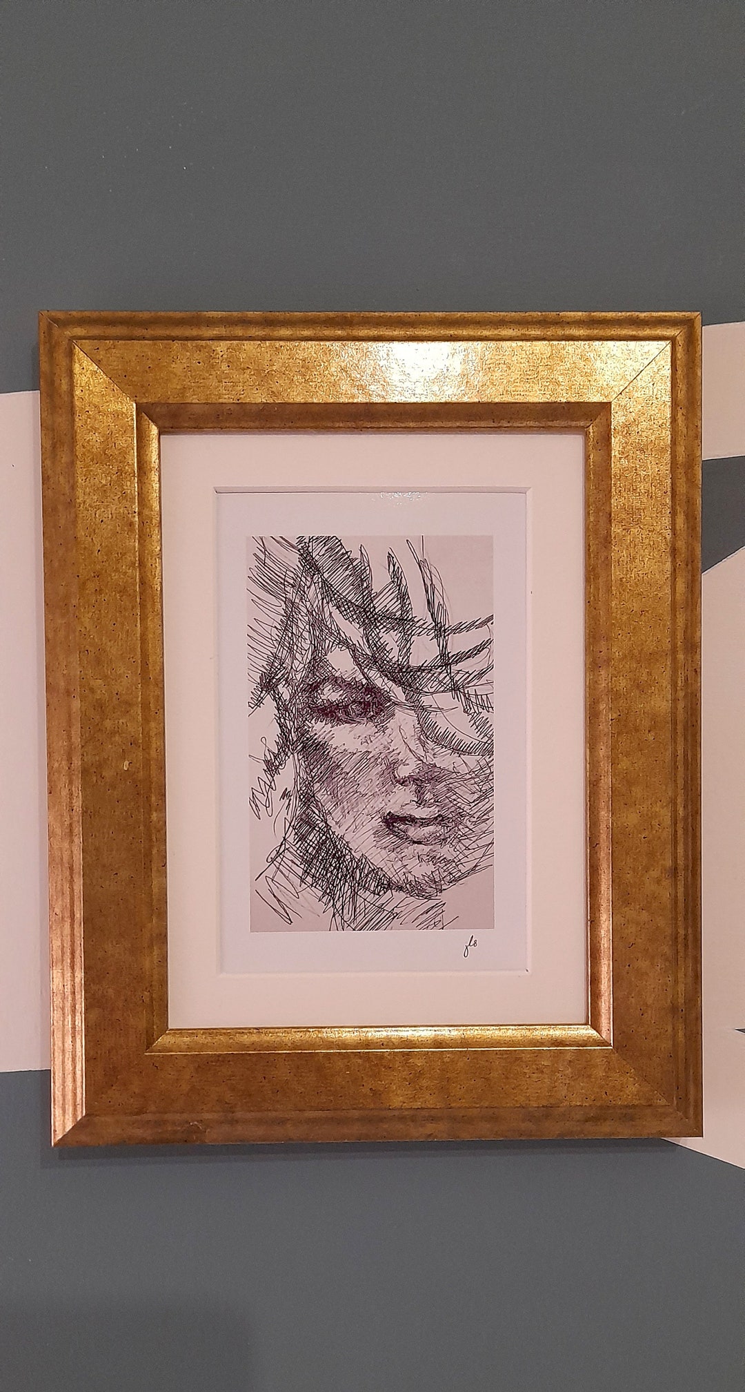 Golden Brass Frame Picture With Handmade Portrait Drawing for Wall or ...