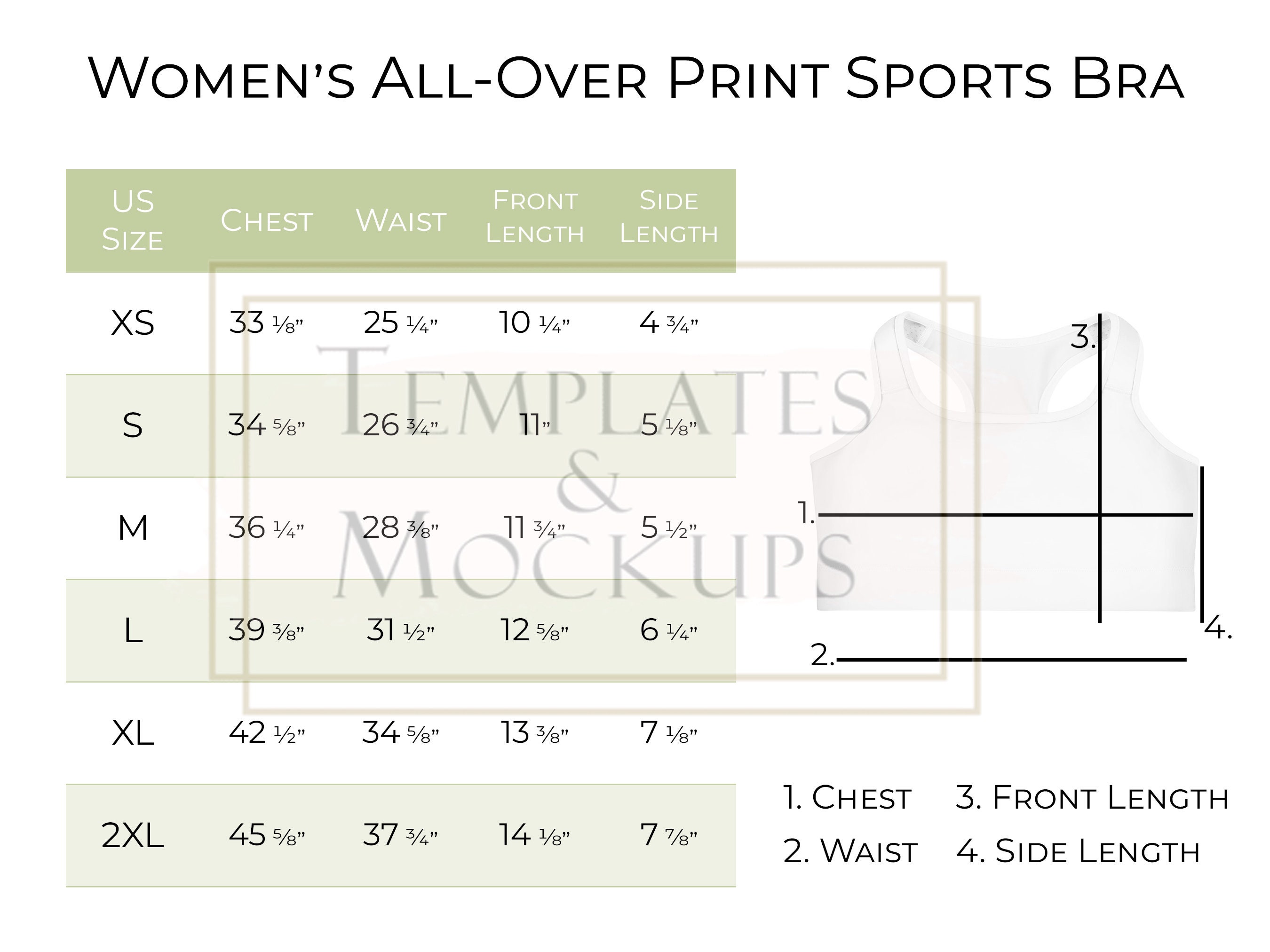 Instant Download Women's Sports Bra Size Chart, Printful AOP Size ...
