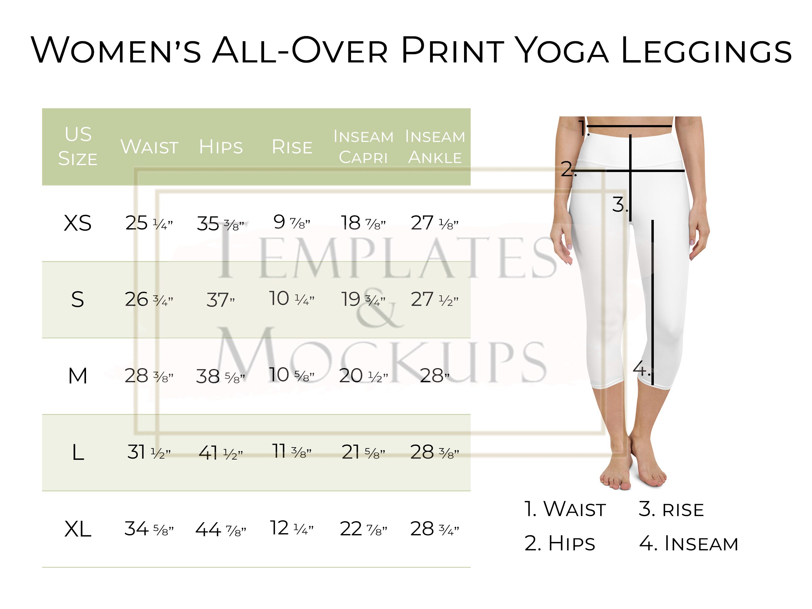 Instant Download Women's All-over Print Yoga Leggings Size Chart, Capri ...
