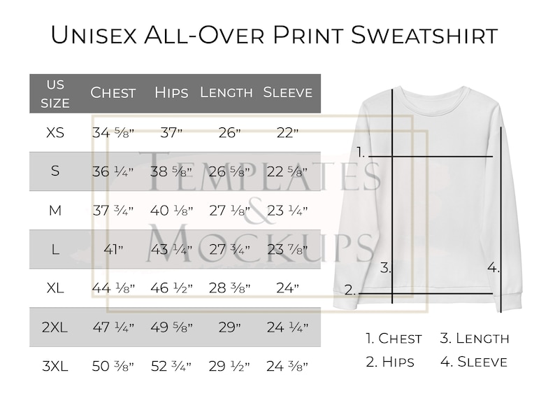 Instant Download Unisex All-over Print Sweatshirt Size Chart, Pretty ...