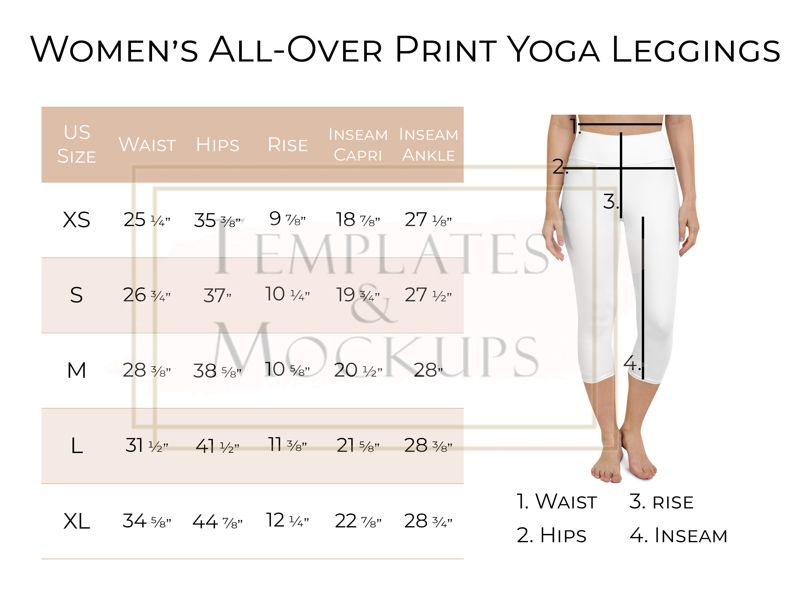 Instant Download Women's All-over Print Yoga Leggings Size Chart, Capri ...