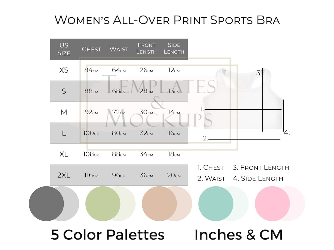 Instant Download Women's Sports Bra Size Chart, Printful AOP Size ...