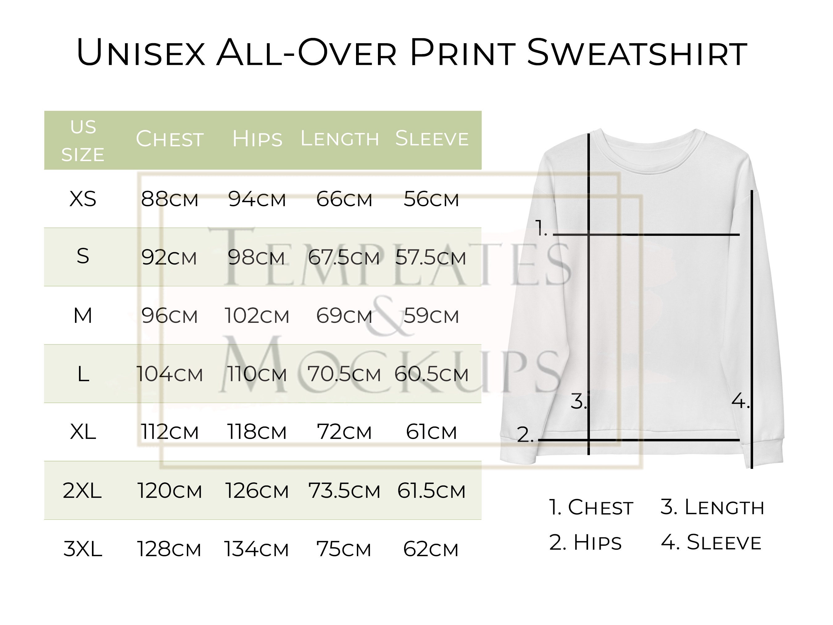 Instant Download Unisex All-over Print Sweatshirt Size Chart, Pretty ...