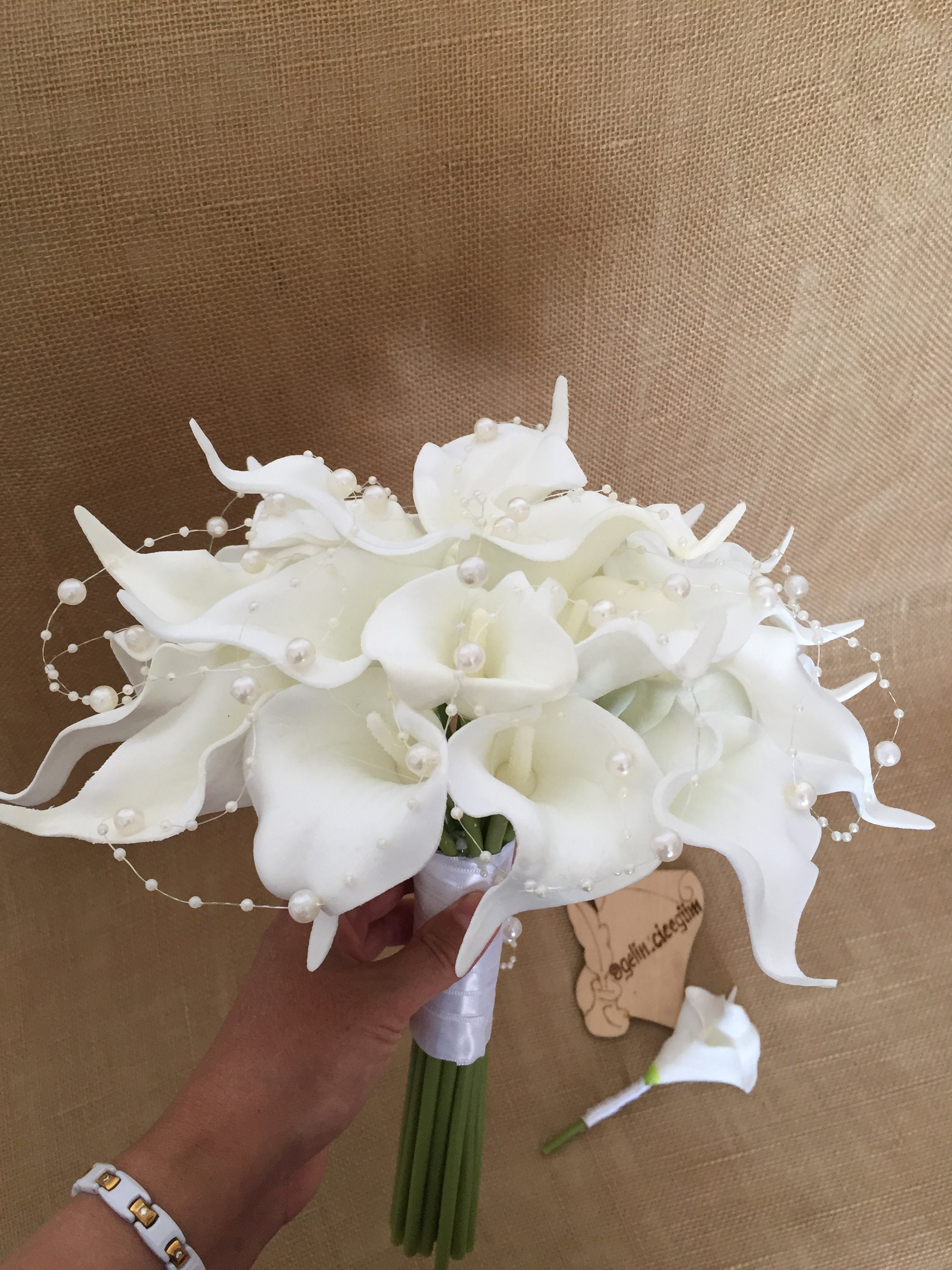 Calla Lilies and Pearly Wedding Bouquet, Wet Gala Bridal Bouquet, White ...