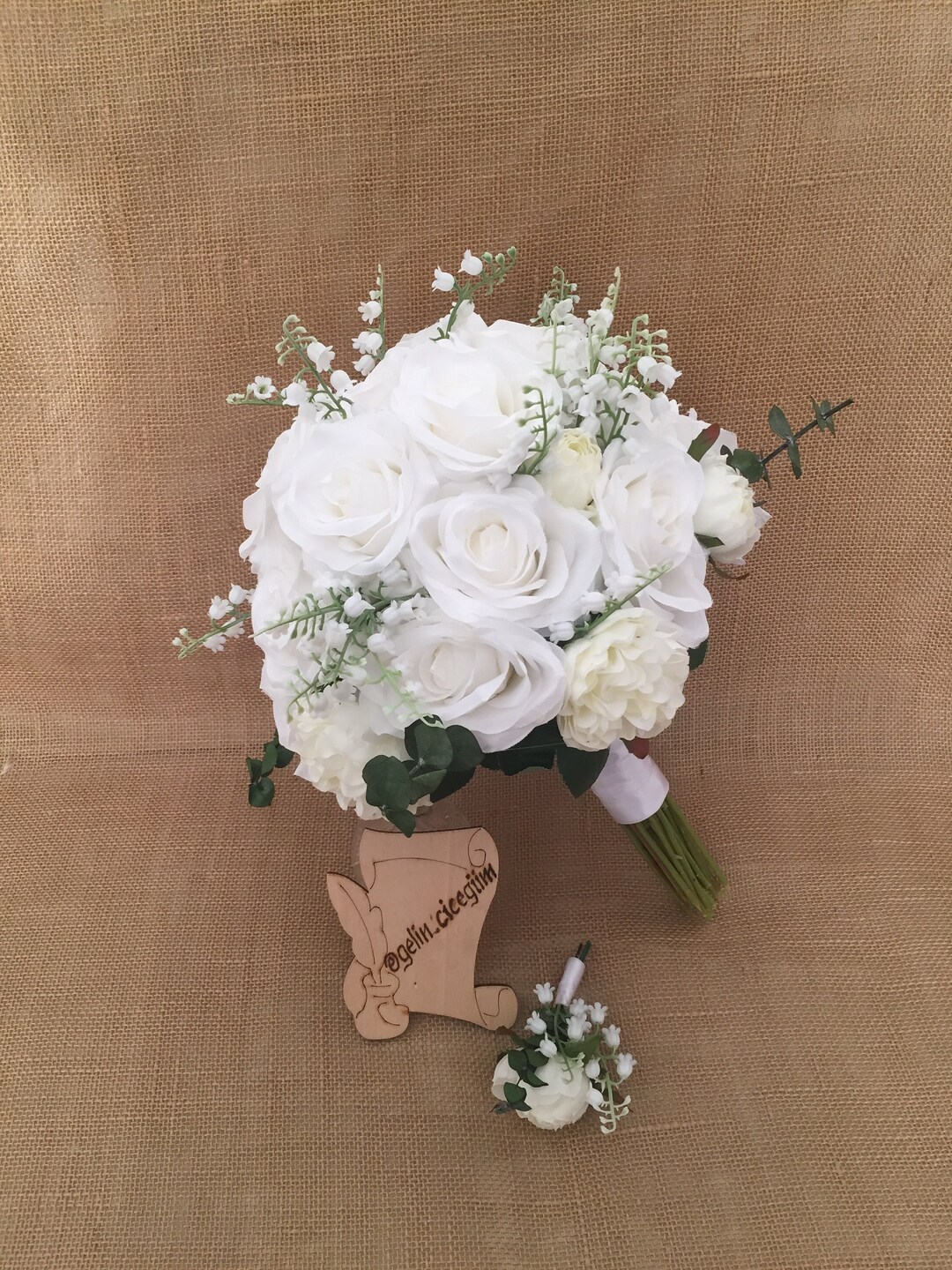 White Rose Bridal Bouquet, Rustic Boho Flower Bouquet, With Rose Design ...